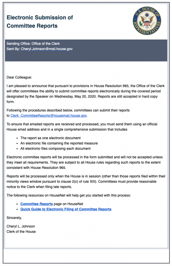 House of Representatives authorizes electronic submission of committee ...